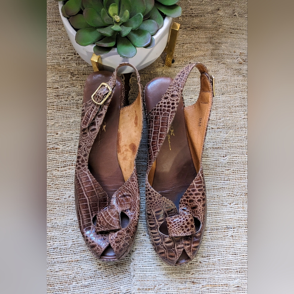 Re-Mix Vintage Croc Leather Slingback Shoes In Brown - Gem